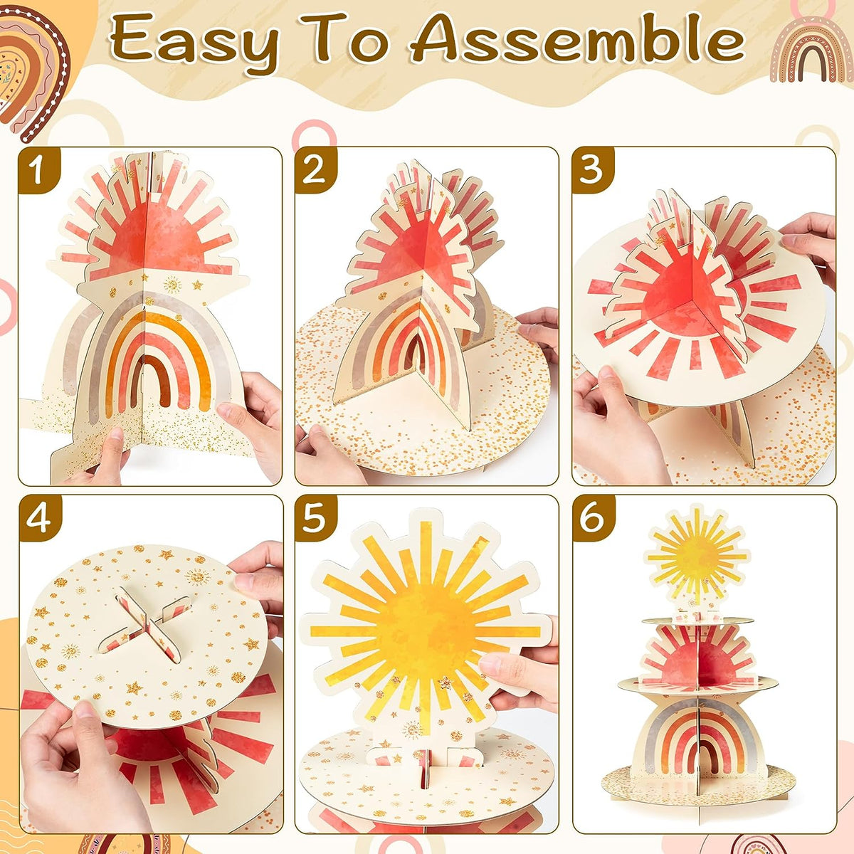 Haooryx Boho Sun Party Decorations Cupcake Stand, 3 Tier Boho Sun Card